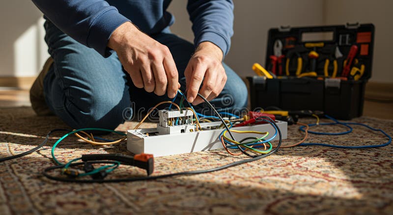 Electrician Connecting Wires on a Circuit Board Indoors, Using Tools ...