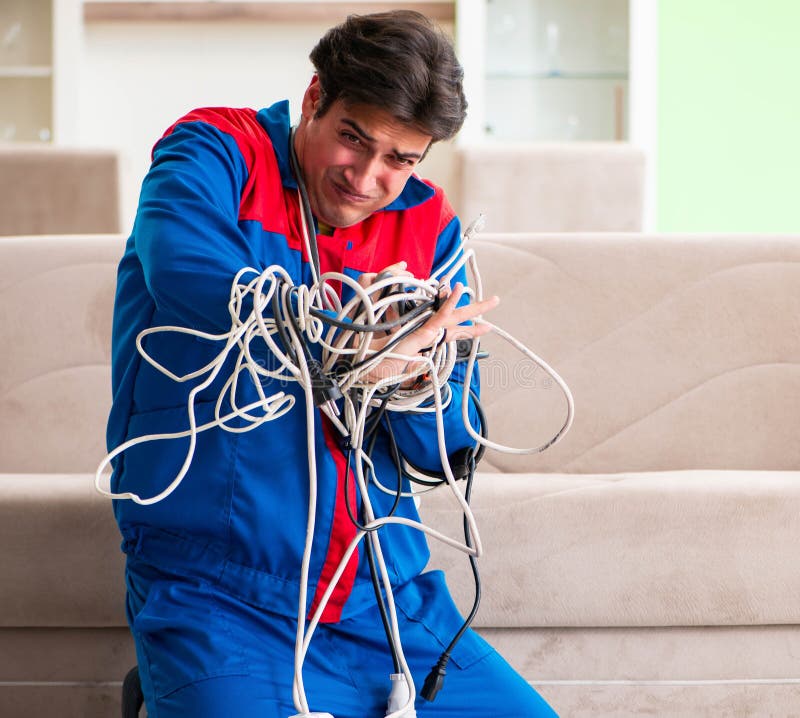 Electrician Contractor with Tangled Cables Stock Image - Image of ...