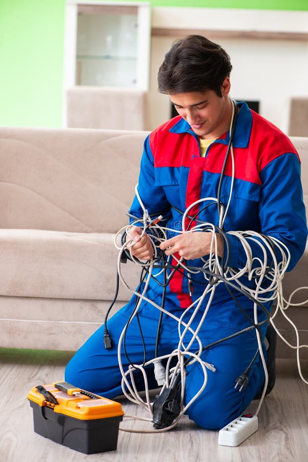 The Electrician Contractor with Tangled Cables Stock Image - Image of ...