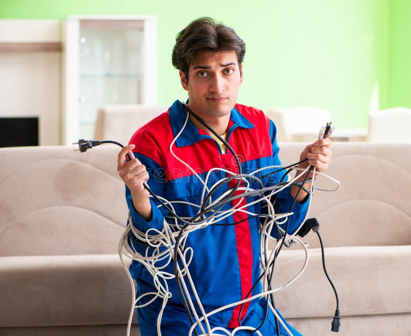 Electrician Contractor with Tangled Cables Stock Photo - Image of cable ...