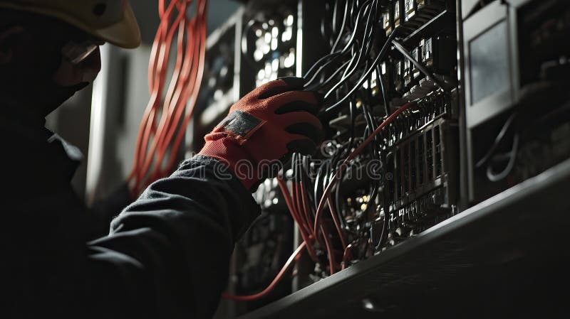 Electrician Engaged in Working on a Circuit Panel that Involves Various ...