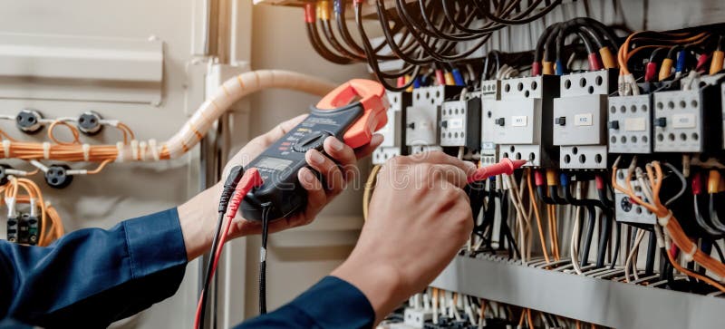 Electrician Engineer Uses a Multimeter To Test the Electrical ...