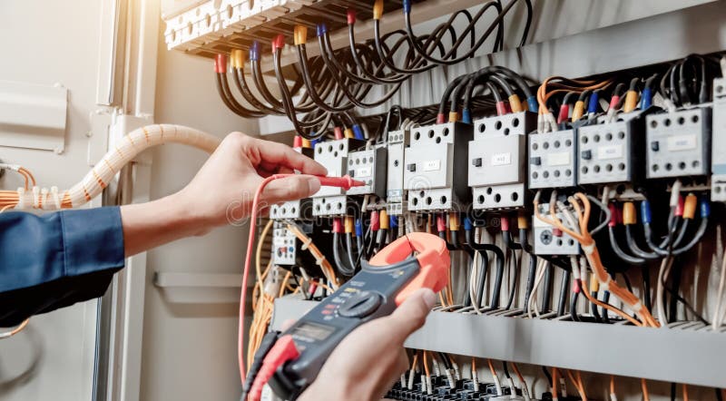 Electrician Engineer Uses a Multimeter To Test the Electrical ...