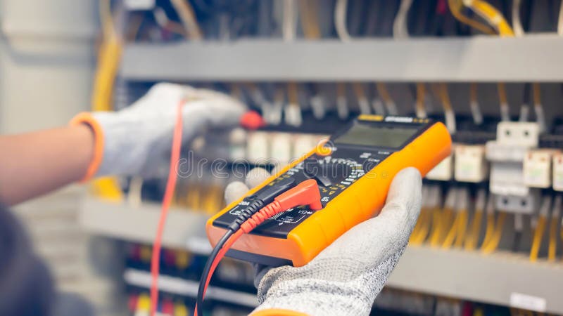 Electrician Engineer Uses a Multimeter To Test the Electrical ...