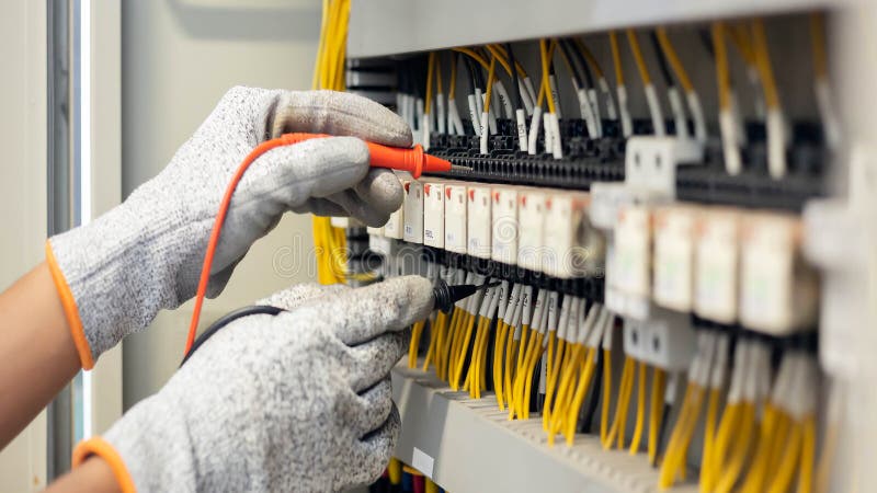 Electrician Engineer Uses a Multimeter To Test the Electrical ...