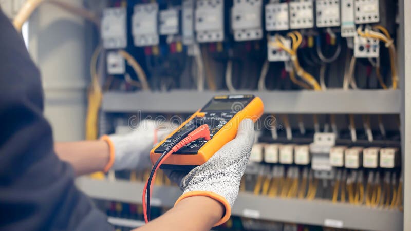Electrician Engineer Uses a Multimeter To Test the Electrical ...
