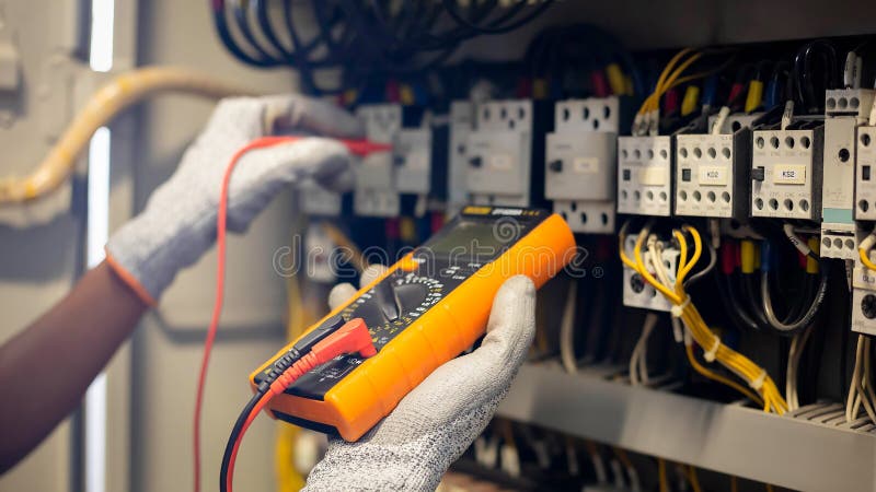 Electrician Engineer Uses a Multimeter To Test the Electrical ...