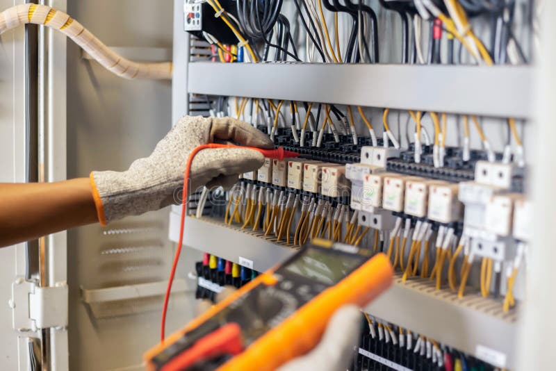 Electrician Engineer Uses a Multimeter To Test the Electrical ...