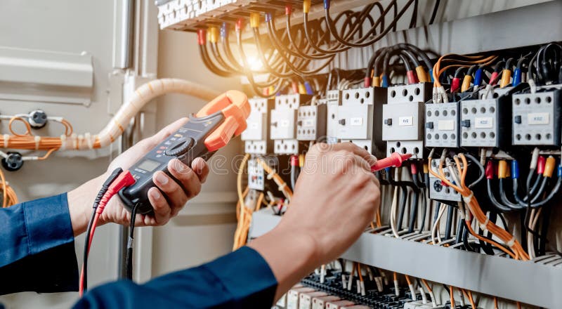 Electrician Engineer Uses a Multimeter To Test the Electrical ...