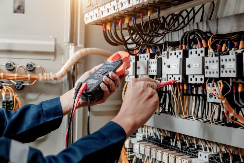 Electrician Engineer Uses a Multimeter To Test the Electrical ...