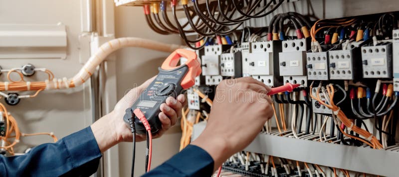 Electrician Engineer Uses a Multimeter To Test the Electrical ...
