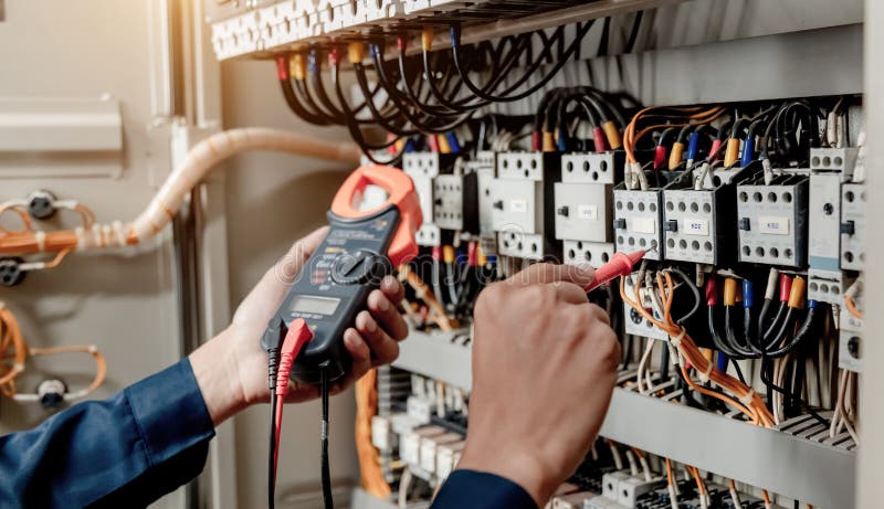 Electrician Engineer Uses a Multimeter To Test the Electrical ...