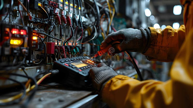 Electrician Engineer Uses a Multimeter To Test the Electrical ...