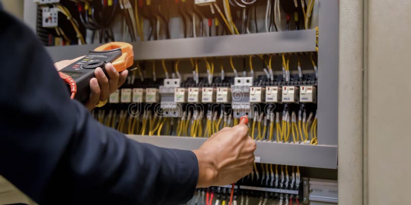 Electrician Engineer Work Tester Measuring Voltage and Current of Power ...