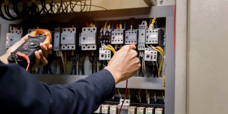 Electrician Engineer Work Tester Measuring Voltage and Current of Power ...