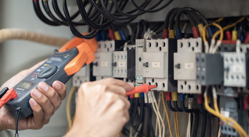 Electrician Engineer Work Tester Measuring Voltage and Current of Power ...