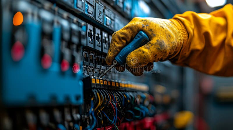 Electrician Working on Circuit Panel with a Screwdriver in a Dimly Lit ...