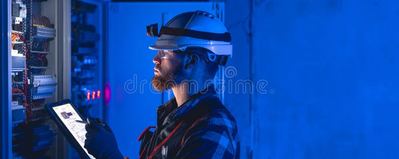 A Male Electrician in Overalls, Focused on Work in Switchboard with ...
