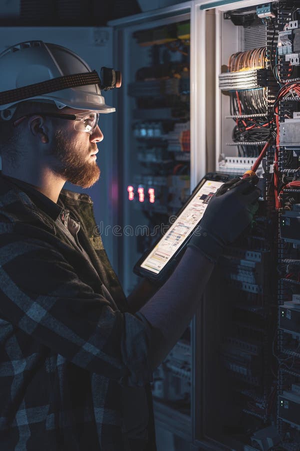 Electrician in Overalls, Focused on Work in Switchboard with Fuses ...