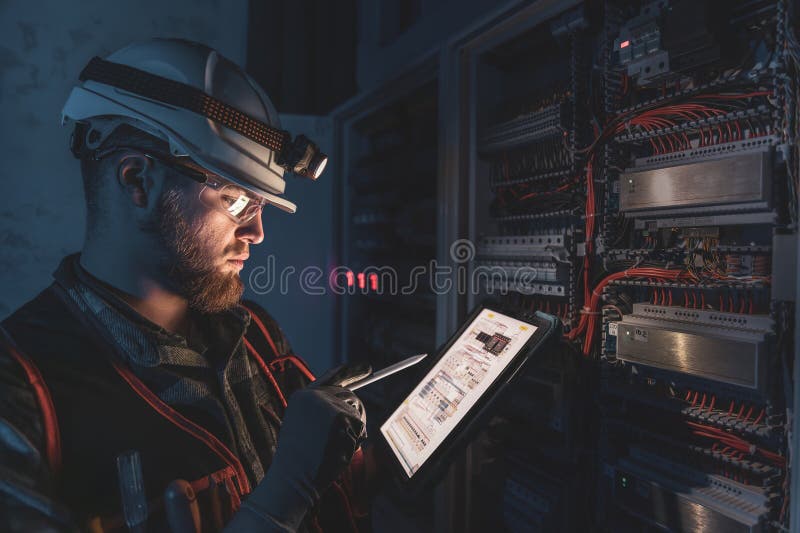 Electrician in Overalls, Focused on Work in Switchboard with Fuses ...
