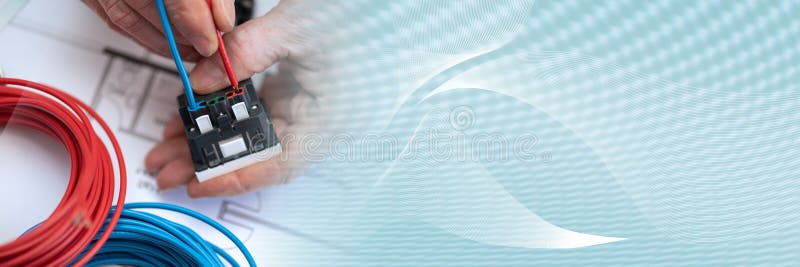 Electrician Connecting a Wire into a Power Socket; Panoramic Banner ...