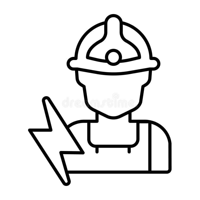 Electrician with Helmet and Lightning Thin Line Icon, Electrical ...