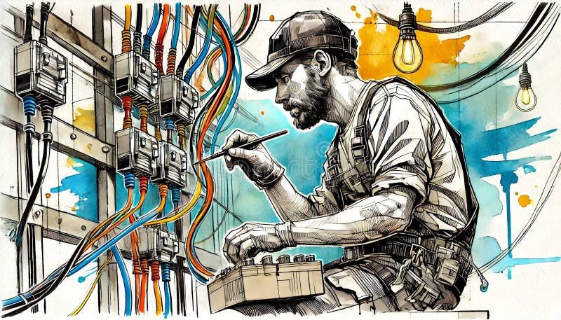 Electrician Inspecting Complex Wiring System Stock Illustration ...