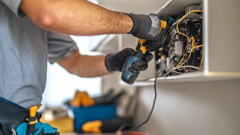 Electrician Installing Electrical Multi Circuit Box in Kitchen with ...