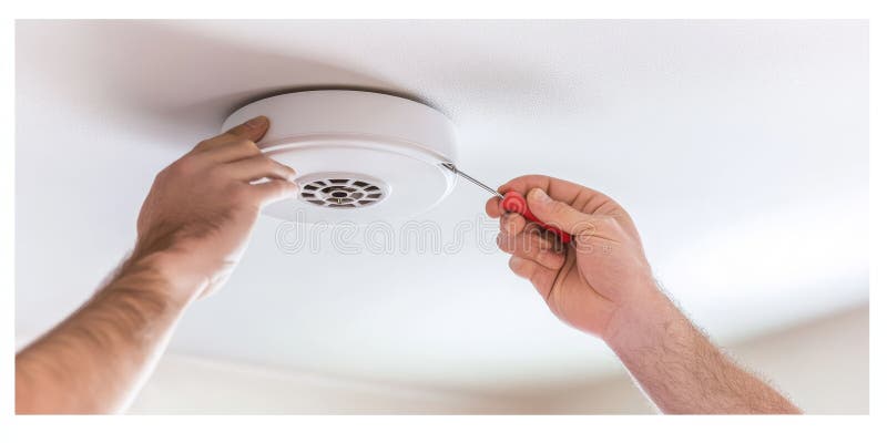 Electrician Installing Smoke Detector on Ceiling Using Screwdriver ...