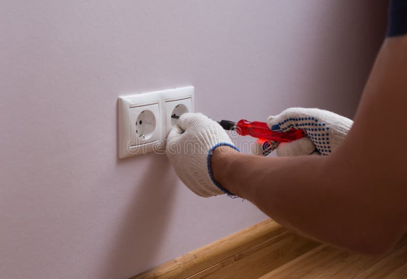 Electrician Installing a Wall Power Socket, Close Up Photo Stock Image ...