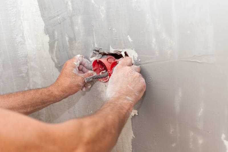 Electrician Installing Wall Power Socket, Plastic Electrical Junction ...