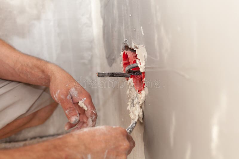 Electrician Installing Wall Power Socket, Plastic Electrical Junction ...