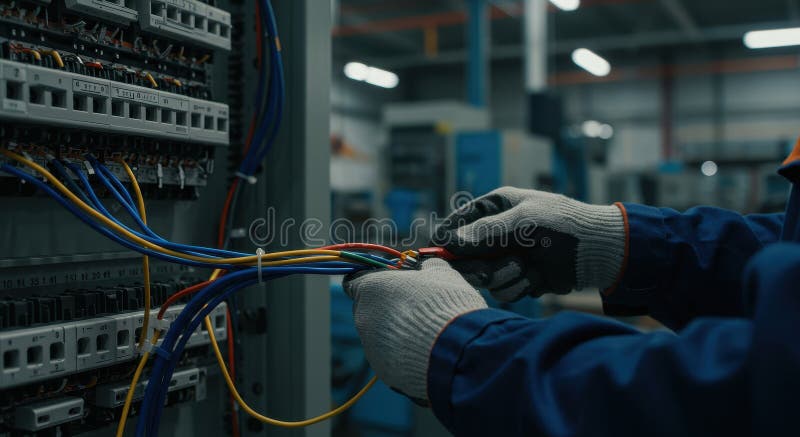 Electrician Installing Wires in a Control Panel. Industrial Electricity ...