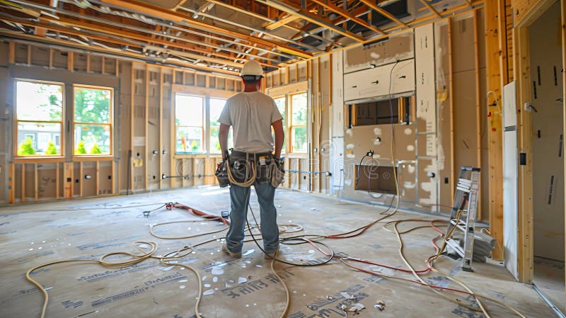 Electrician Installing Wires in Newly Constructed Home, Realistic Image ...
