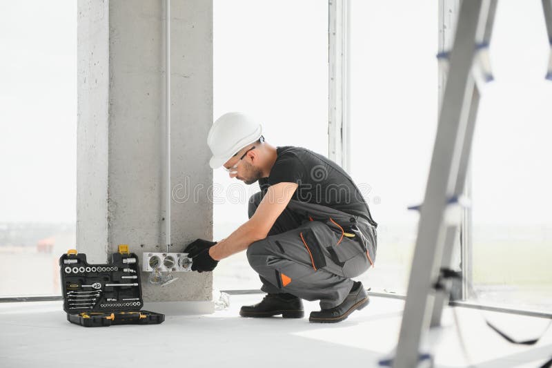 Electrician Installs Socket Boxes on the Wall and Puts a Putty on Them ...