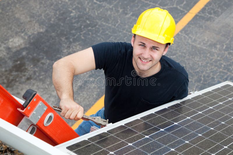 Electrician Installs Solar Panel Stock Photo - Image of industrial ...