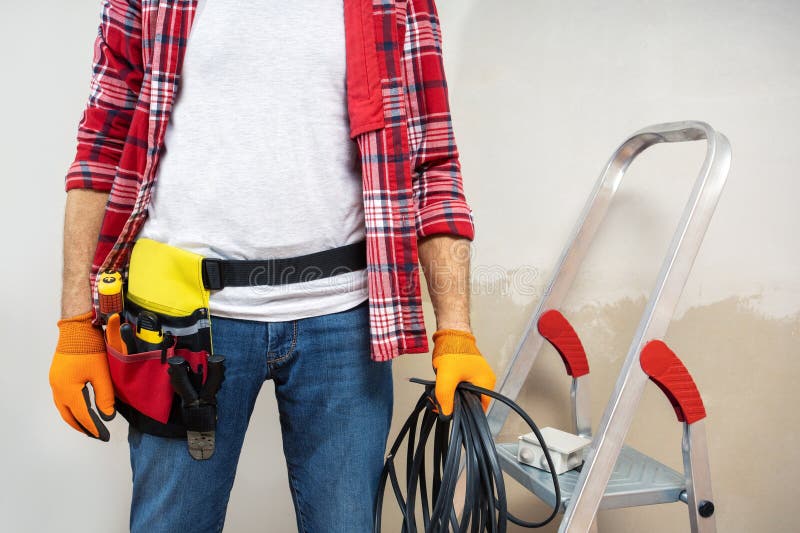 Electrician Man with Tools and Wire Cable. Stock Image - Image of home ...