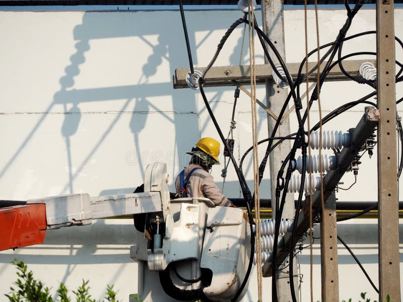 Electrician Man Working at Height and Dangerous Editorial Image - Image ...