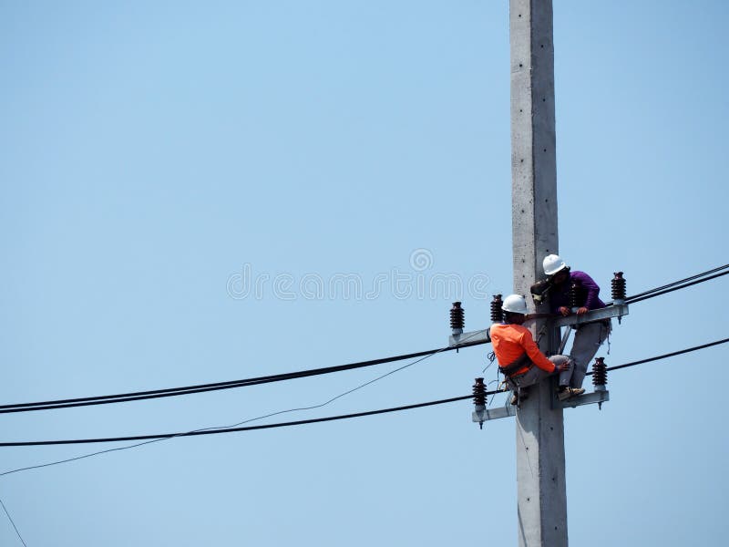 Electrician Man Working at Height and Dangerous Editorial Photo - Image ...