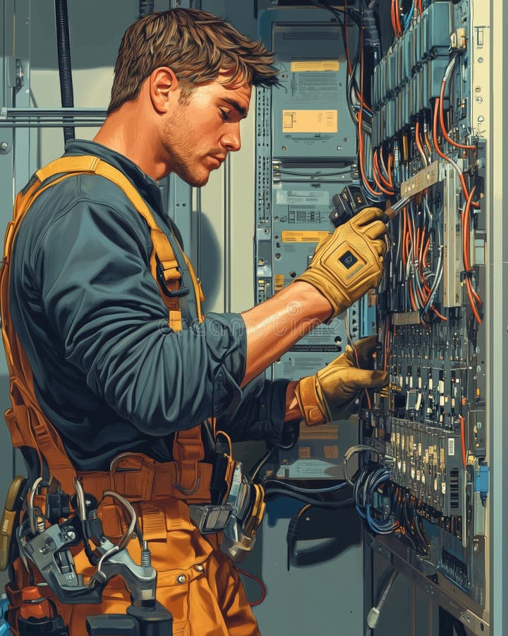 Electrician Meticulously Installing Wiring in a Busy Control Panel ...