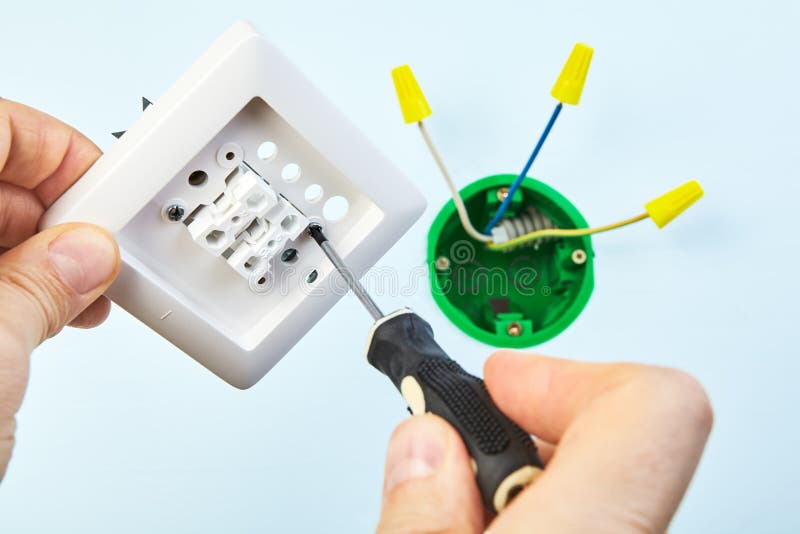 Mounting of Double Light Switch by Electrician Stock Image - Image of ...