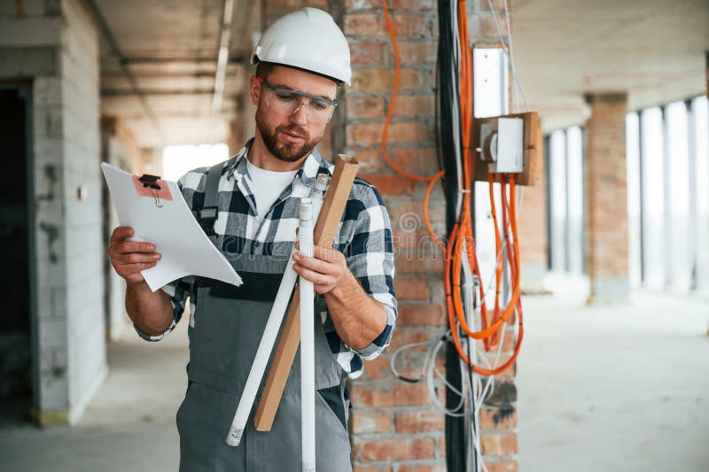 Electrician with Notebook. Construction Worker in Uniform in Empty ...
