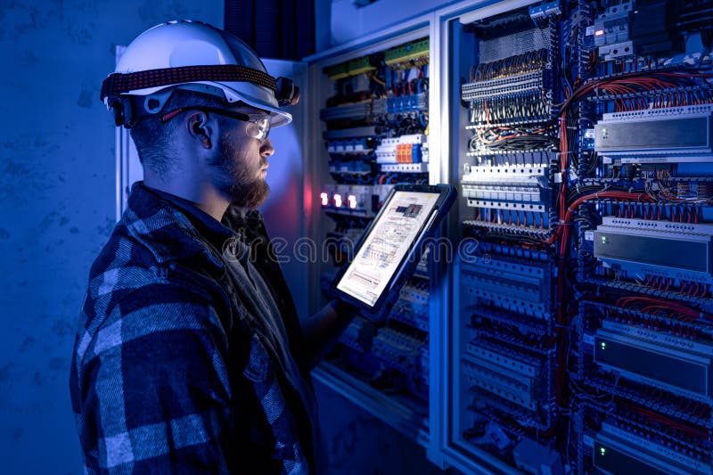 Electrician in Overalls, Focused on Work in Switchboard with Fuses ...