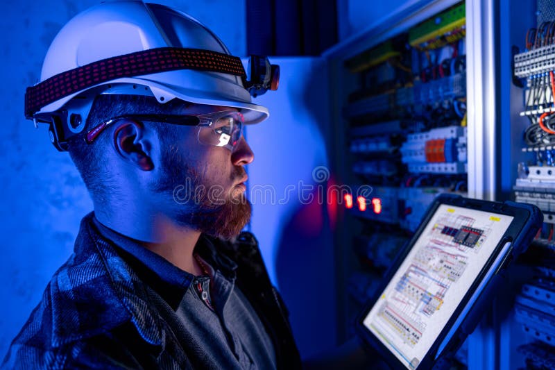 Electrician in Overalls, Focused on Work in Switchboard with Fuses ...