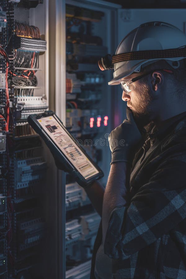 Electrician in Overalls, Focused on Work in Switchboard with Fuses ...