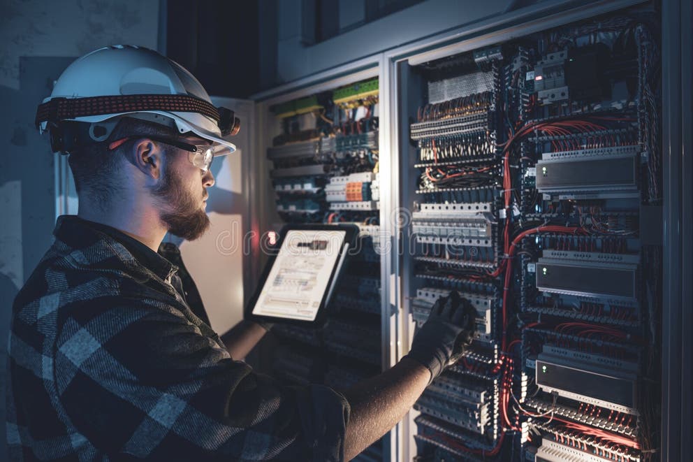Electrician in Overalls, Focused on Work in Switchboard with Fuses ...