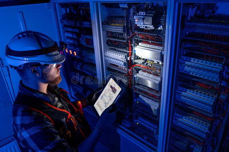 Electrician in Overalls, Focused on Work in Switchboard with Fuses ...