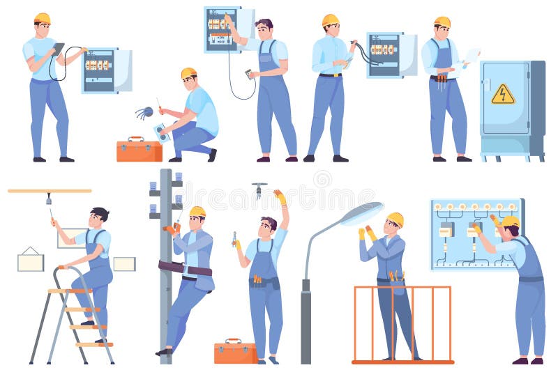 Electrician People Flat Set Stock Vector - Illustration of caution ...