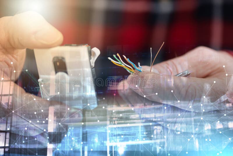 Electrician Preparing an Internet Connection; Multiple Exposure Stock ...