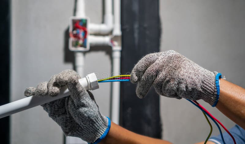 Electrician Pulling Wire into PVC Conduit Stock Image - Image of ...
